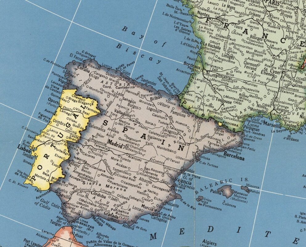 Blue Map of Europe (1950) | Beech Wood Pull-Down Frame